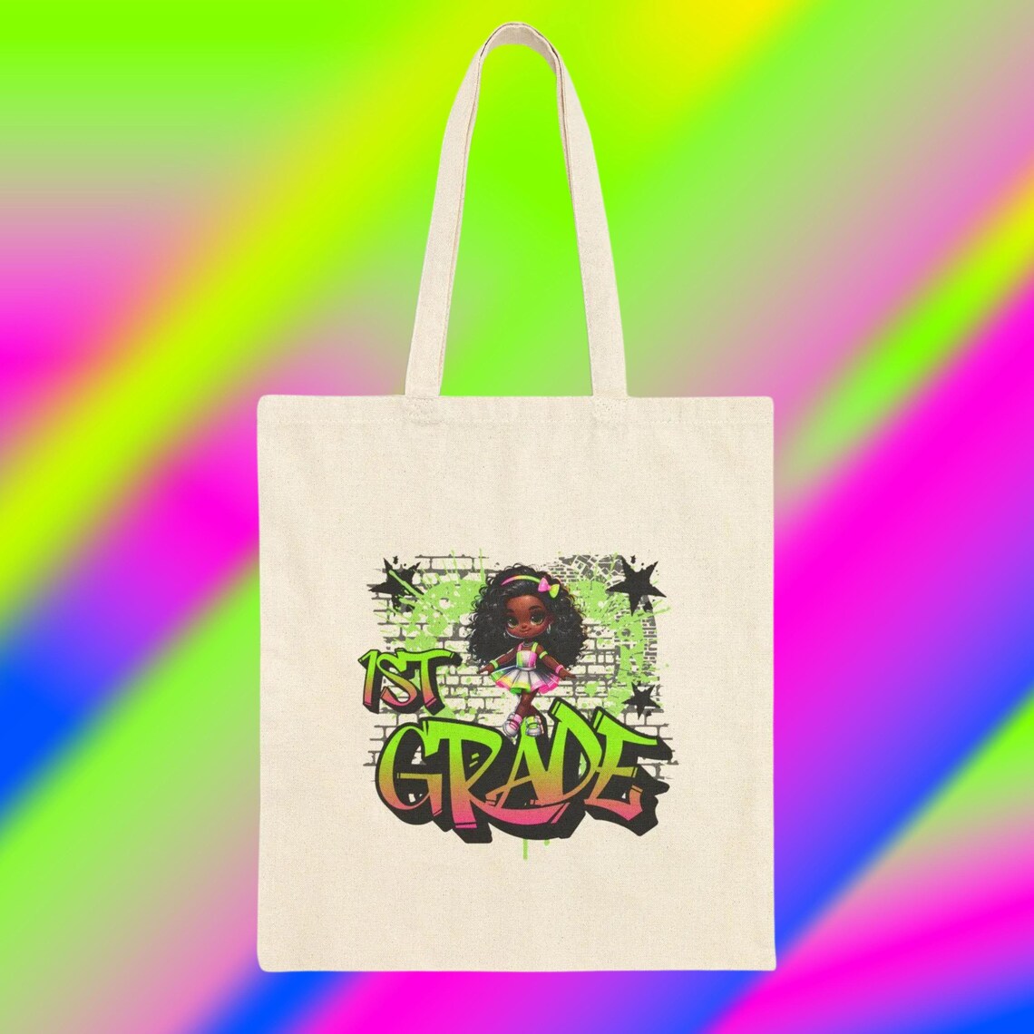 1st Grade Black Girl Cotton Canvas Tote Bag, First Grade Neon Graffiti ...
