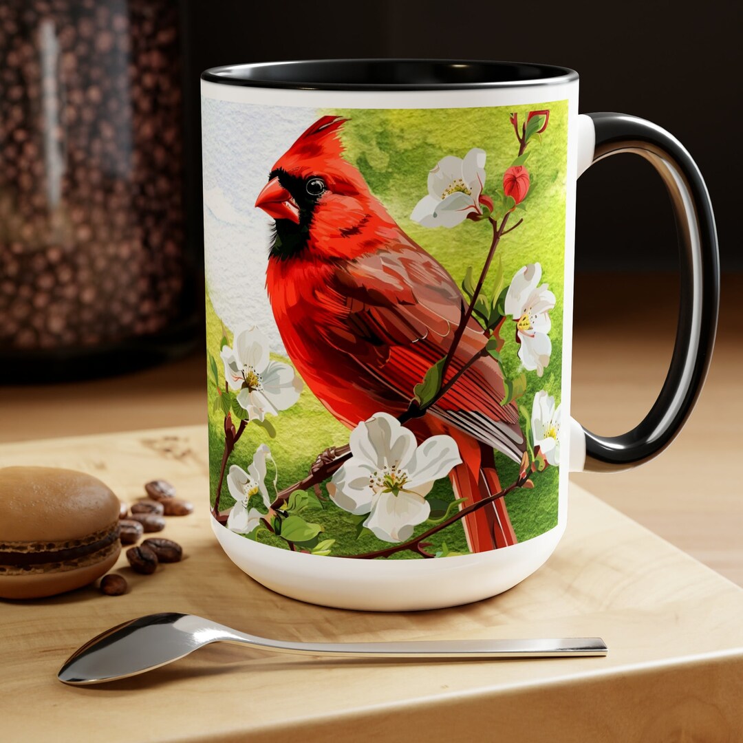 Cardinal Bird Mug, Large Bird Coffee Cup, Spring Floral Flower ...