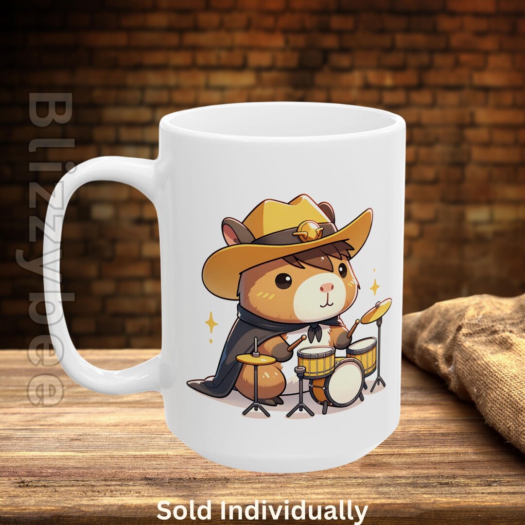 Capybara Drummer Cowboy Mug, Cartoon Rodent Musician Coffee Cup ...