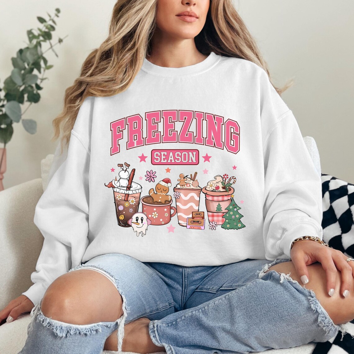 Freezing Season Christmas Coffee Sweatshirt, Funny Pink Cozy Winter ...