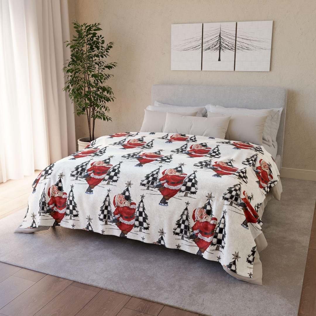 Ice Skating Santa Retro Christmas Blanket, Checkered Seasonal Xmas Tree ...