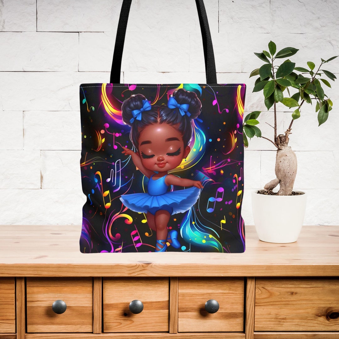 Ballerina Music Tote Bag, Neon Dance Student Black Girl Ballet Bookbag ...