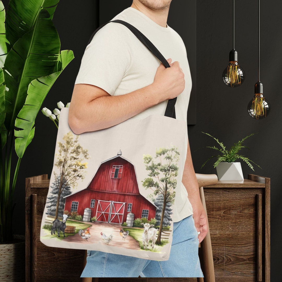Rustic Red Barn Tote Bag, Barnyard Animal Goat Rooster Chicken Bookbag ...
