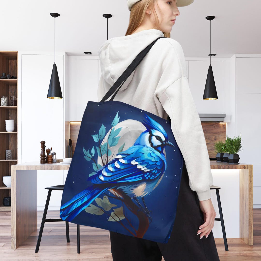 Blue Jay Bird Large Tote, Nature Lover Midnight Moon Vintage Floral ...