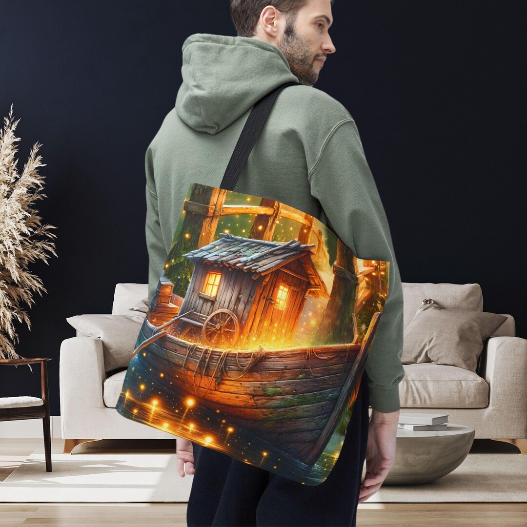 Boat House Tote Bag, Celestial Night Fishing Boat Dock Reusable ...