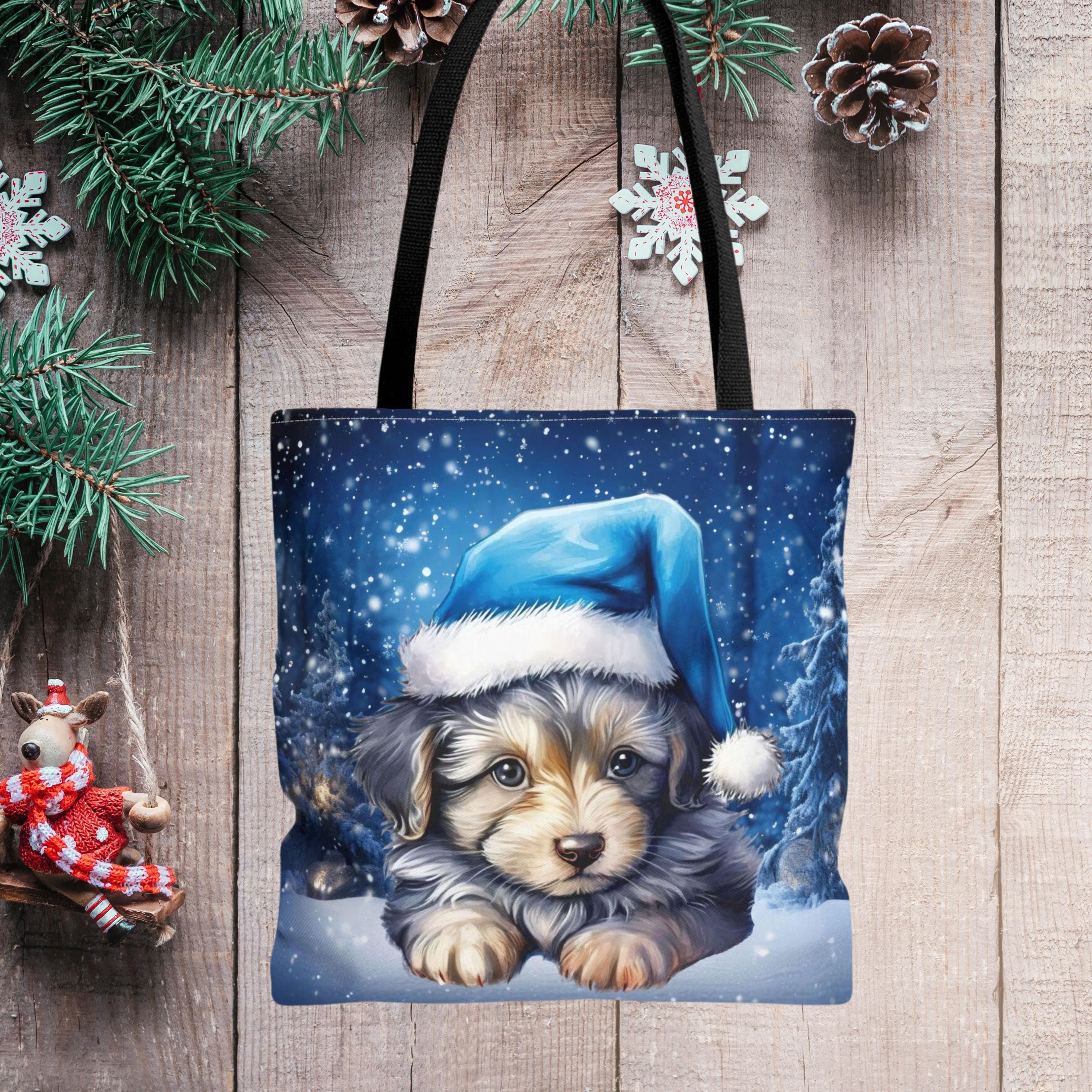 Blue Santa Puppy Christmas Tote Bag, Seasonal Holiday Party Favor Gift ...