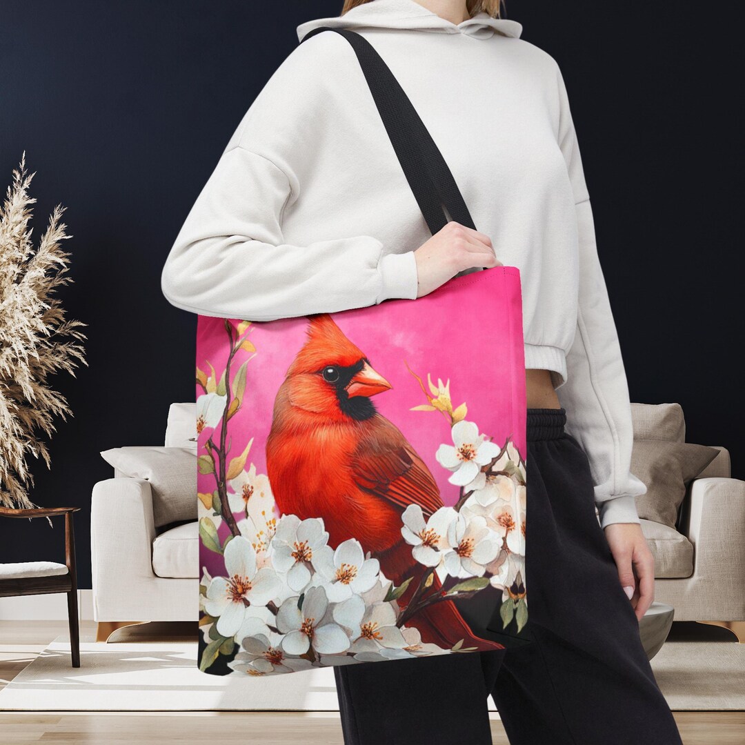 Pink Cardinal Tote Bag, Red Bird Cherry Blossom Shopping Bag, Spring ...