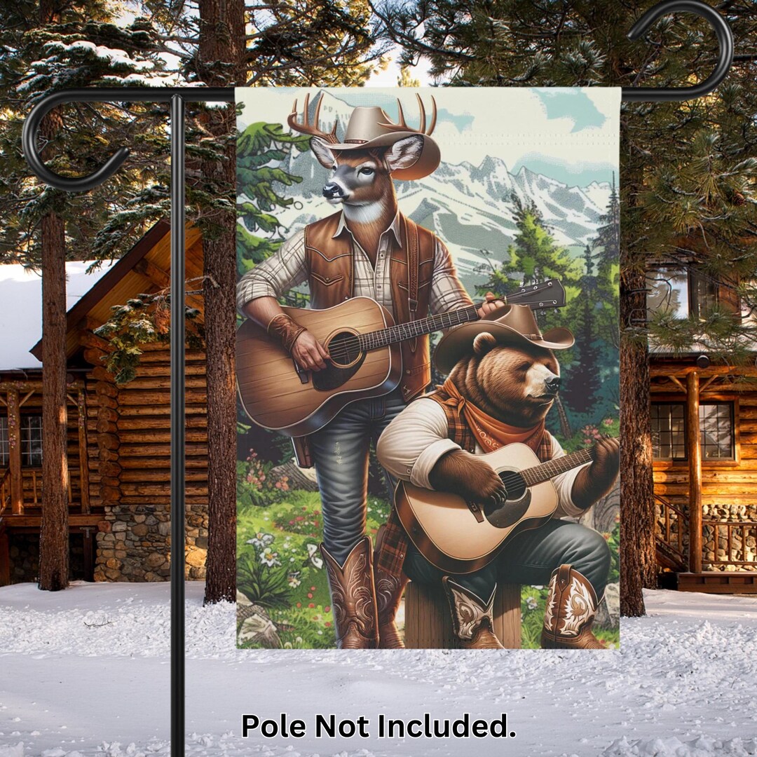 Buck and Grizzly Bear Guitar Player Flag, Country Music Home Decor Gift ...