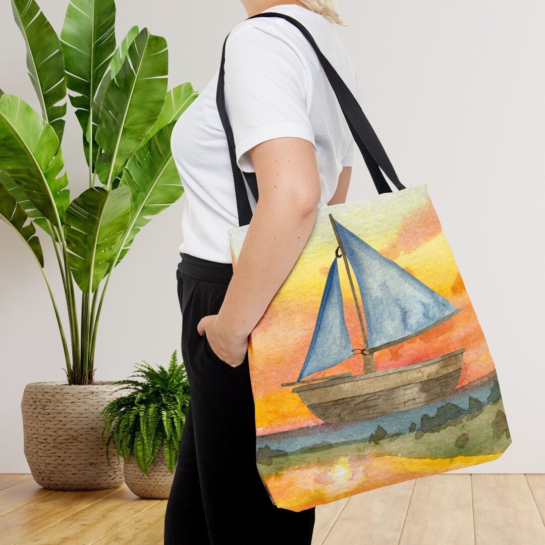 Watercolor Sailboat Tote Bag, Boat Travel Bookbag Gift for Him, Unisex ...