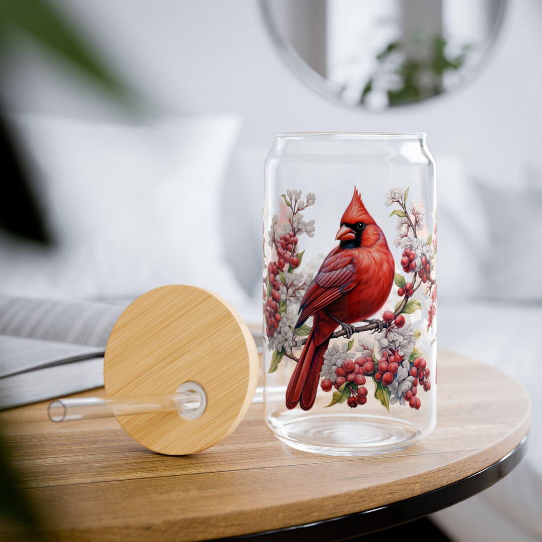 Cardinal Glass Tumbler With Lid and Straw, Christmas Bird Coffee Glass ...