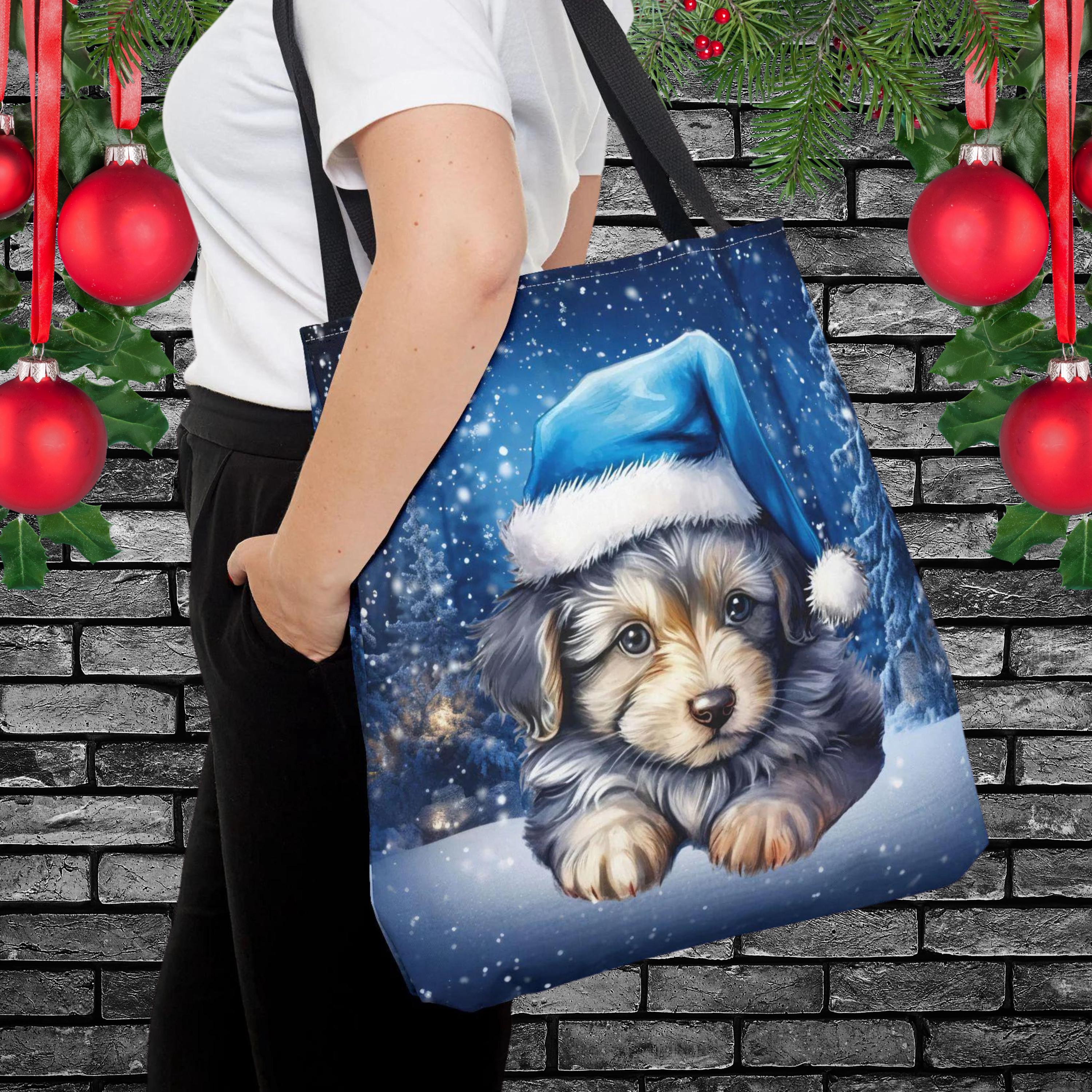 Blue Santa Puppy Christmas Tote Bag, Seasonal Holiday Party Favor Gift ...