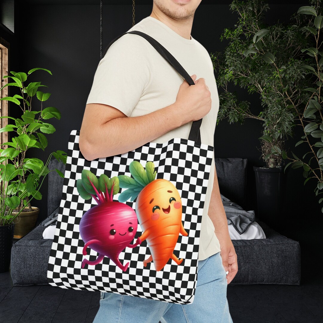 Retro Root Vegetable Gardener Tote Bag, Carrot Beet Mascot Garden ...