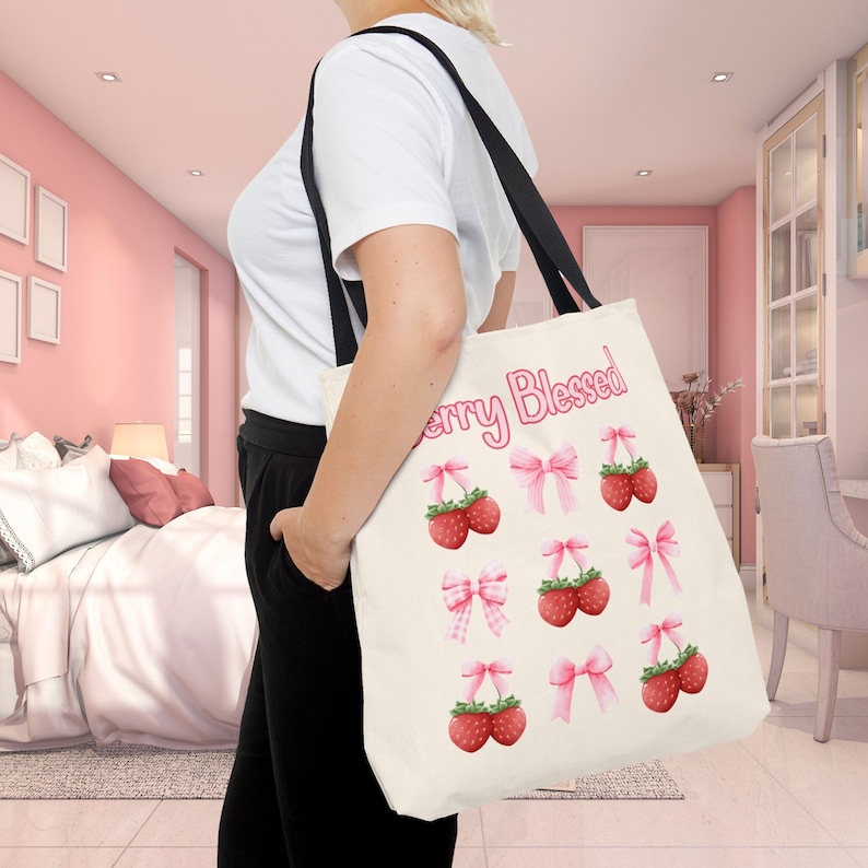 Berry Bow Coquette Strawberry Tote Bag, Cute Inspirational Saying ...