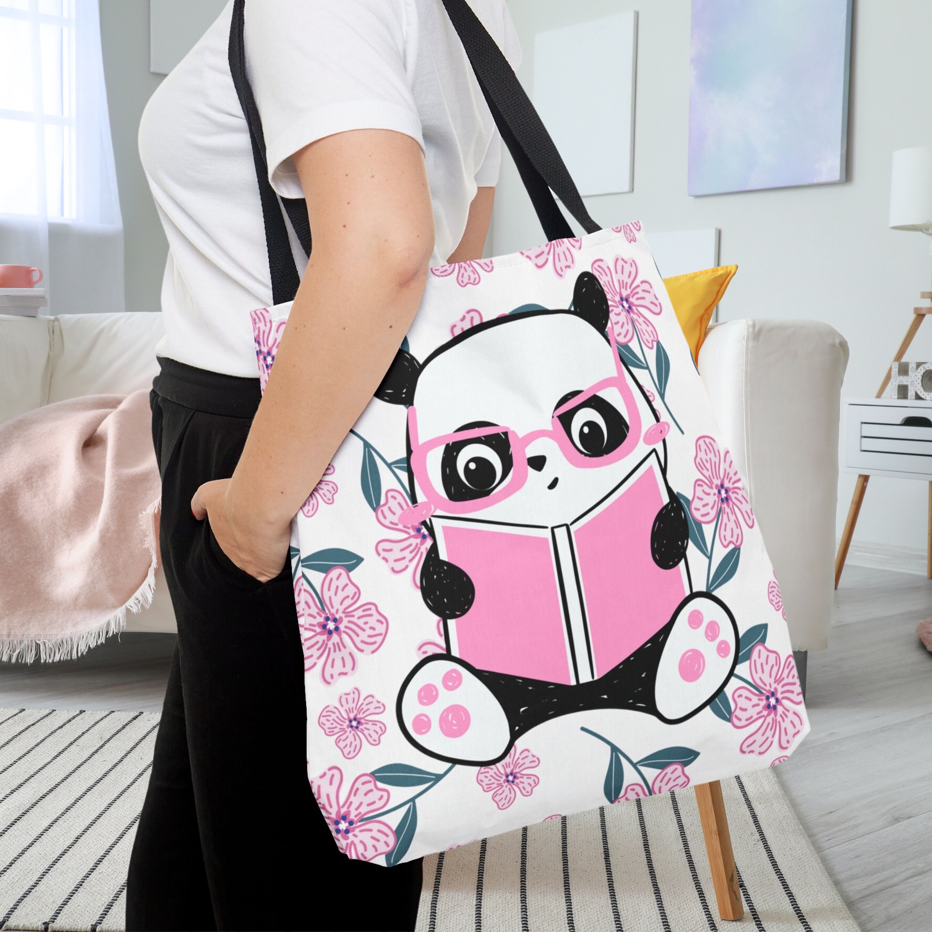 Panda Bear Reading Book Coquette Tote Bag, Cute Animal Floral Botanical ...