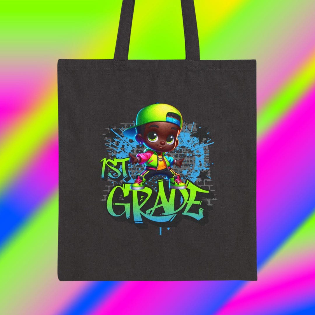 1st Grade Black Boy Cotton Canvas Tote Bag, First Grade Neon Graffiti ...