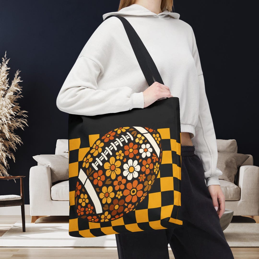 Floral Football Tote Bag, Retro Sports Fan Market Bag, Fall Tailgate ...