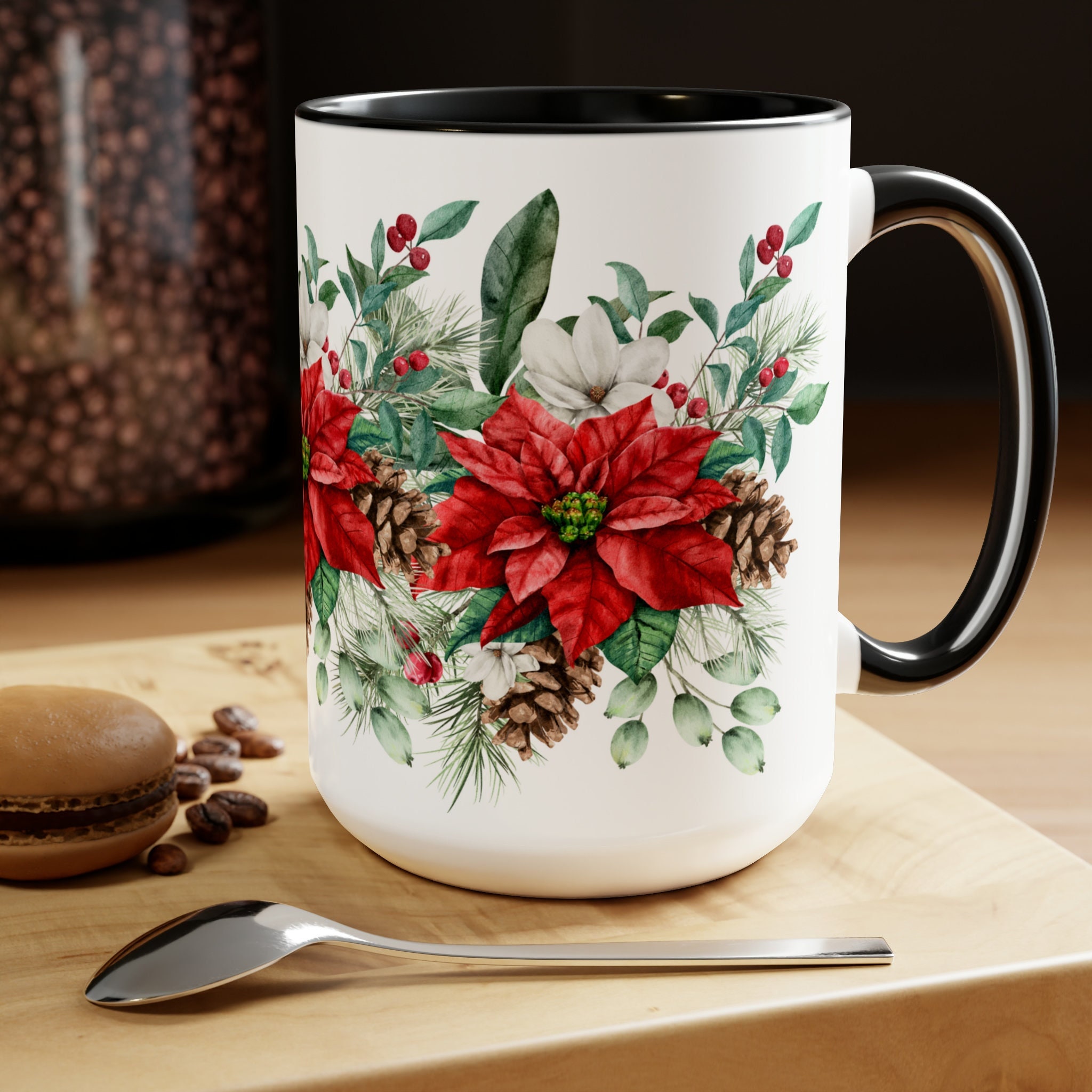 Poinsettia Christmas Mug, Large Red Flower Mug, Holiday Decor Cocoa Cup ...