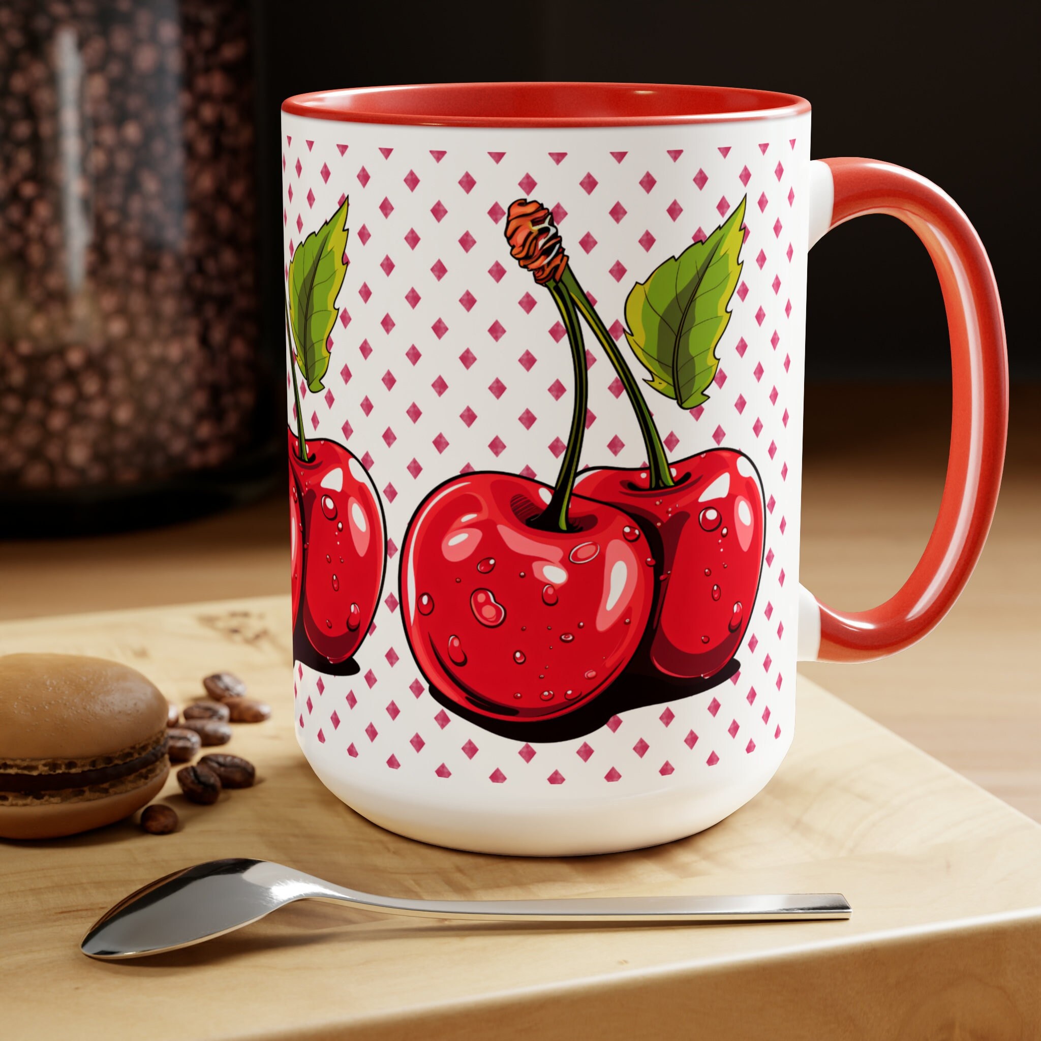 15oz Retro Cartoon Cherry Coffee Mug With Colored Handle and Interior ...