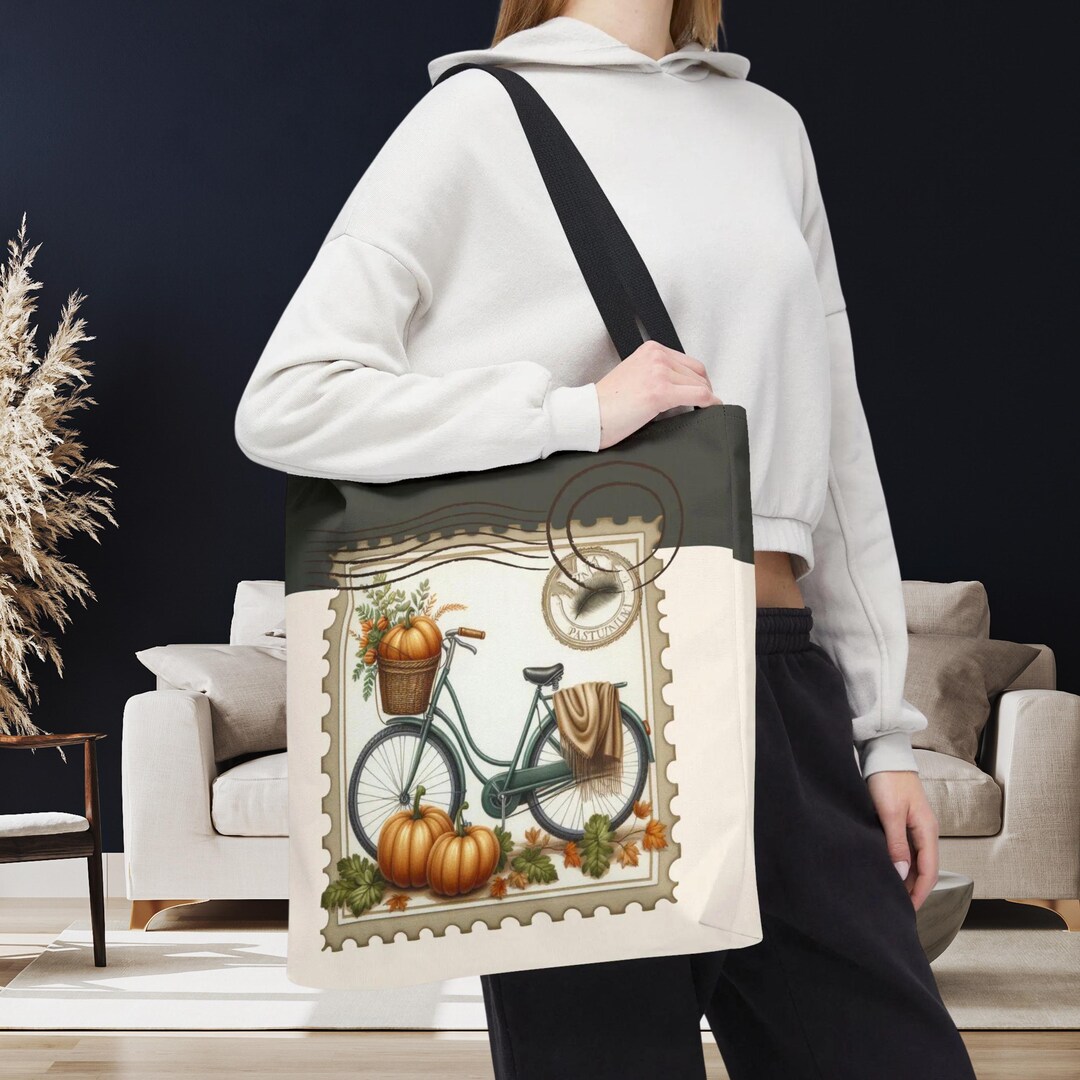 Autumn Bicycle Pumpkin Tote Bag | Vintage Postage Stamp Fall Market ...