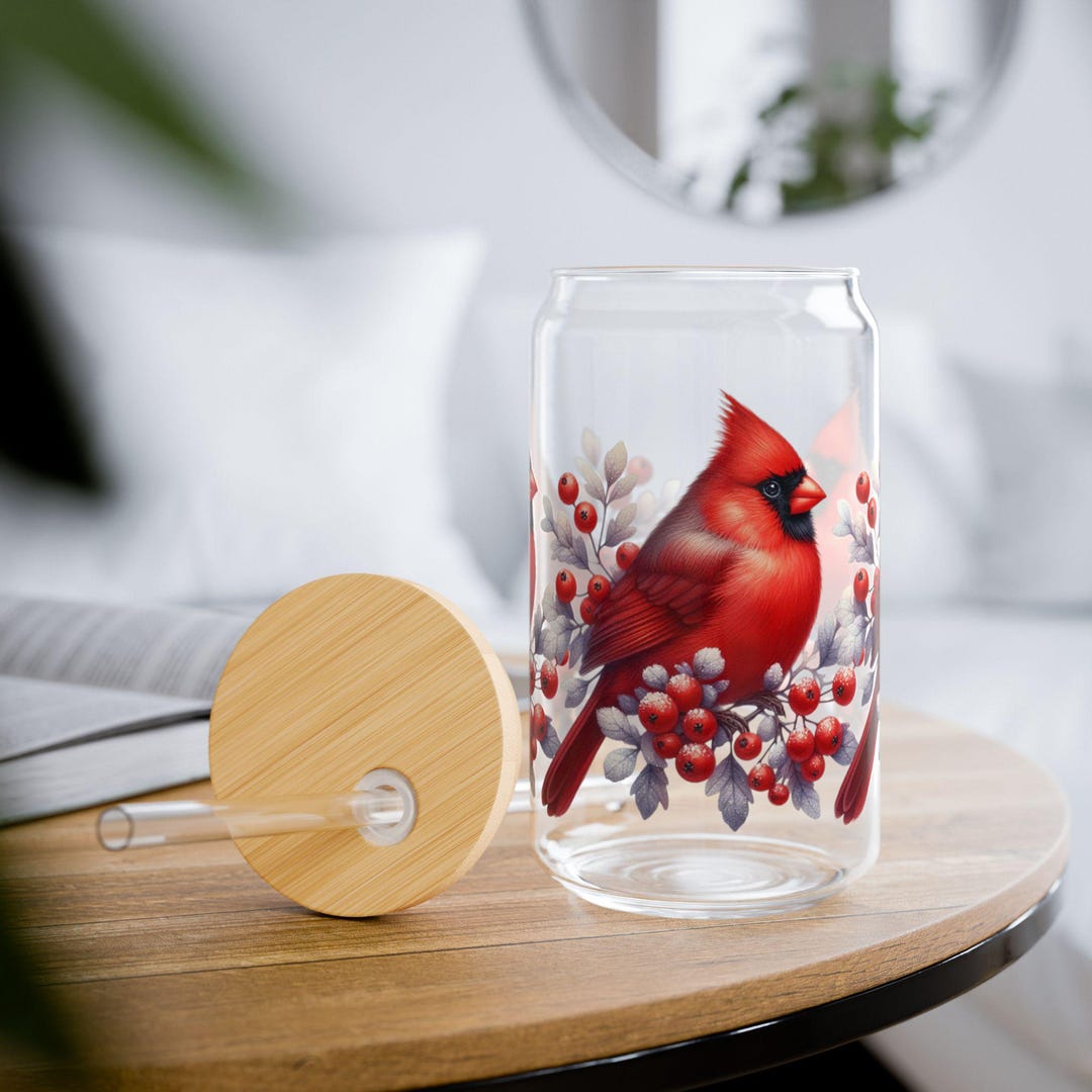 Cardinal Bird Glass Can Cup With Bamboo Lid & Straw, Cute Holiday ...