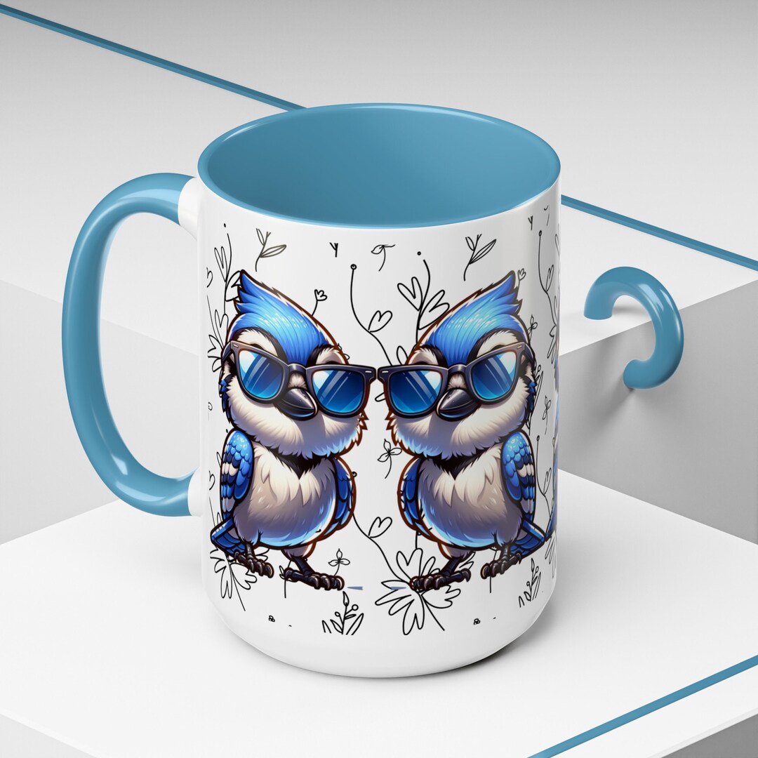 Cartoon Blue Jay Bird Mug, Bird Watcher Coffee Cup, Wildflower Wildlife ...
