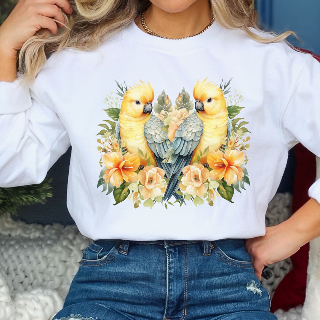 Parakeet Bird Sweatshirt, Women's Yellow Birds Tropical Wildlife Top ...