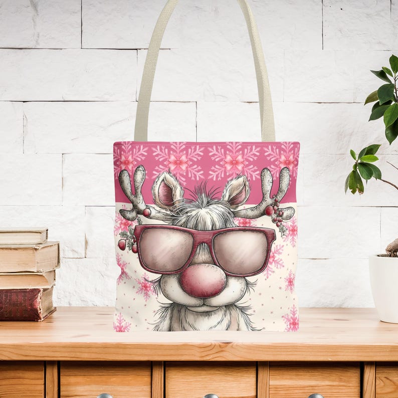Reindeer Christmas Tote Bag, Pink Coquette Girly Snowflake Holiday Gift ...