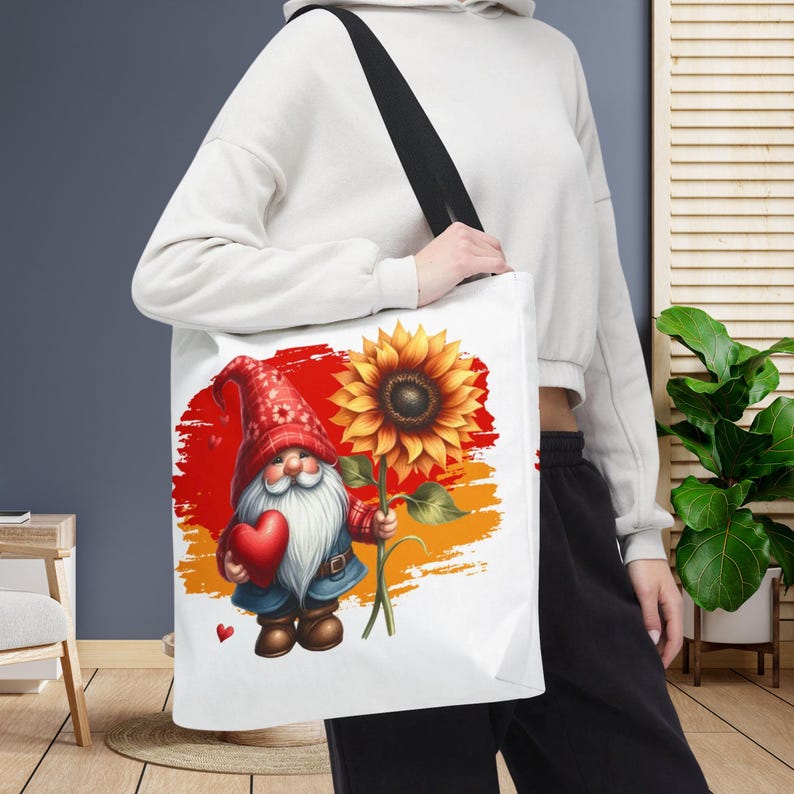 Gnome Sunflower Sweetheart Tote Bag, Cute Garden Gnome Valentine Bag ...