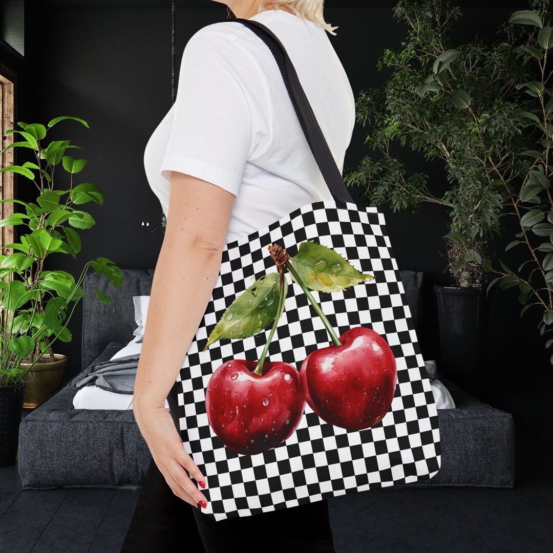Retro Black Checkered Cherry Tote Bag, Vintage 50s 60s 70s Diner ...
