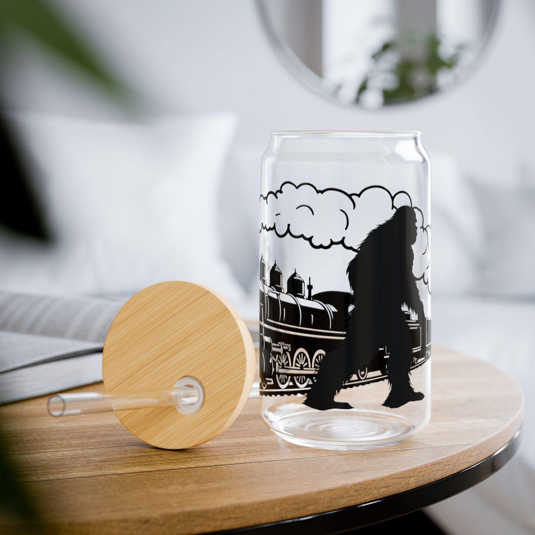 Bigfoot Train Glass Can Cup With Bamboo Lid & Straw, 16 Oz Sasquatch ...