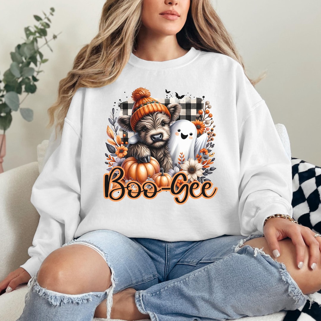 Boo-gee Highland Cow Ghost Halloween Sweatshirt, Teen Farmgirl Holiday ...