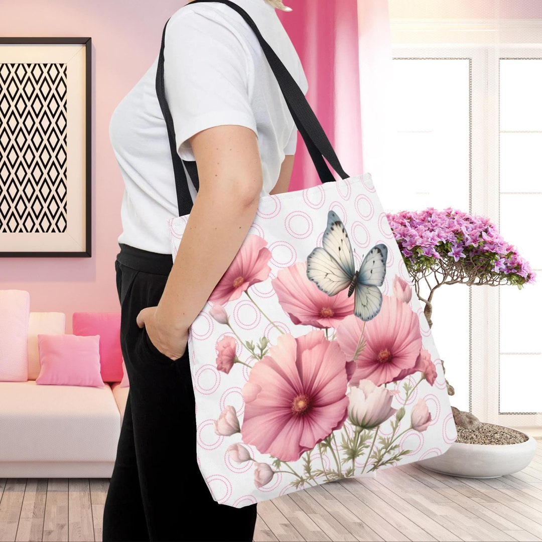 Butterfly Pink Flower Tote Bag, Floral Wildflower Cottagecore Travel ...
