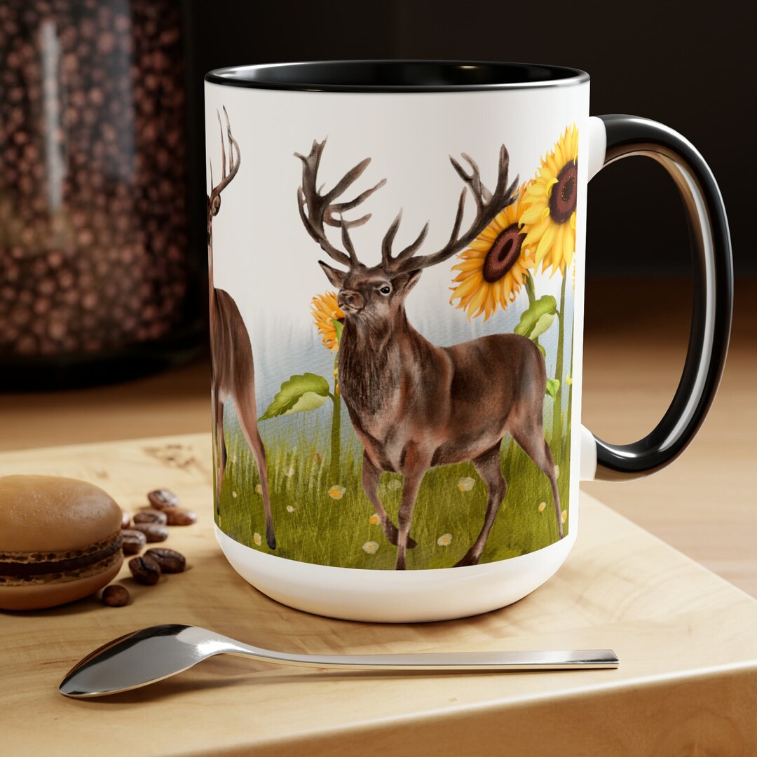 Buck Deer Sunflower Coffee Mug, Large Wildlife Nature Lover Floral ...