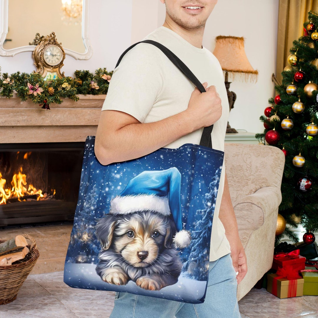 Blue Santa Puppy Christmas Tote Bag, Seasonal Holiday Party Favor Gift ...