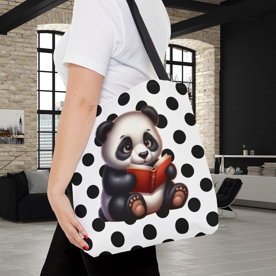 Panda Bear Reading Book Polka Dot Coquette Tote Bag, Cartoon Boy Animal ...
