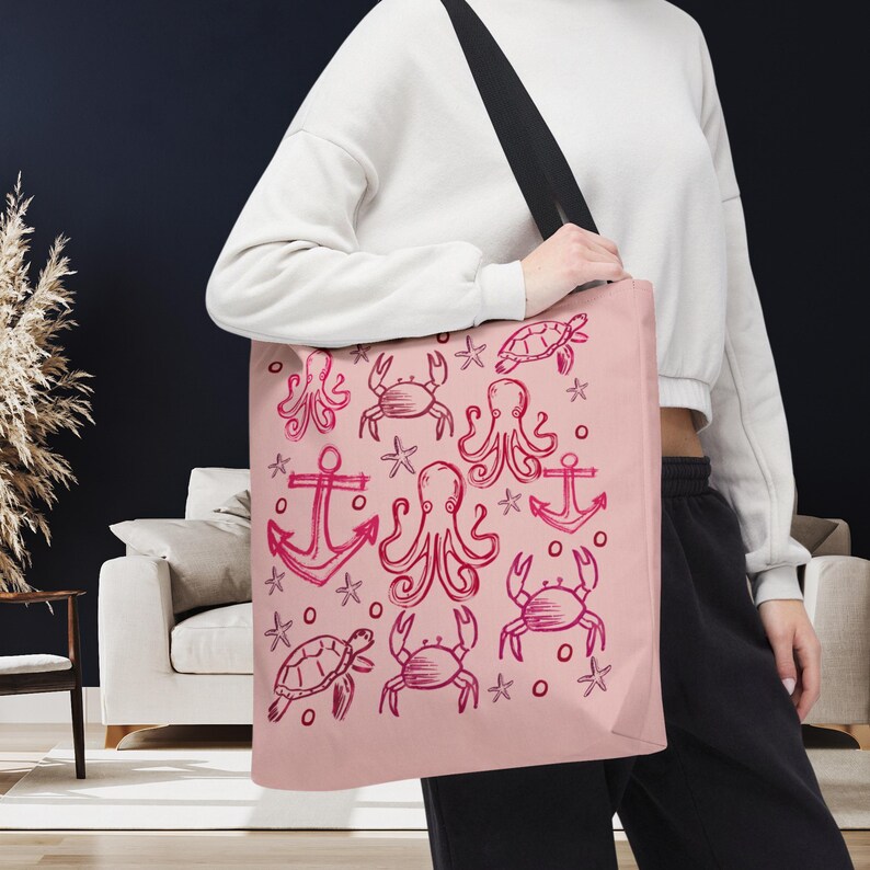 Ocean Doodle Art Tote Bag | Pink Nautical Beach Shopper | Octopus Crab ...