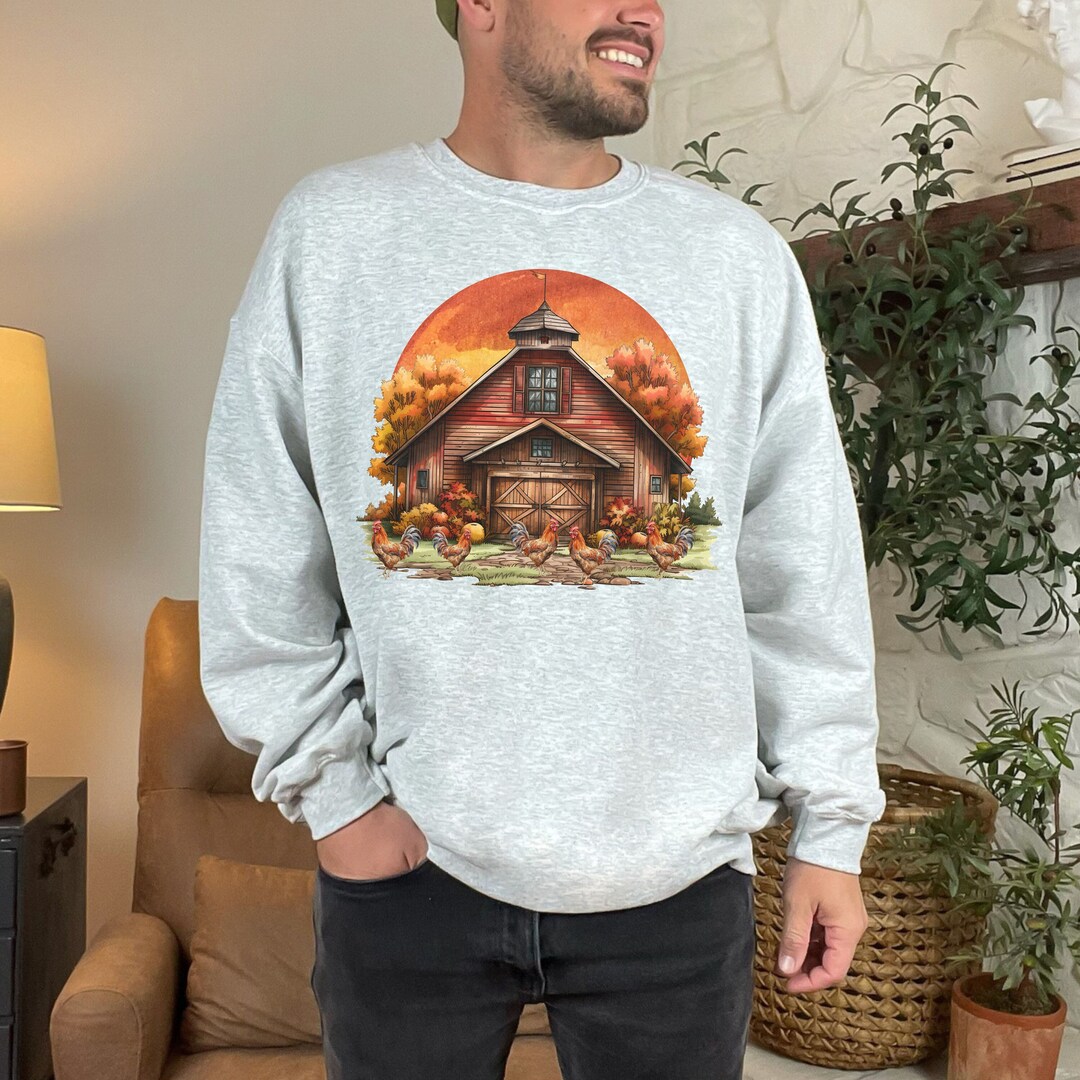 Autmn Rooster Farm Sweatshirt, Fall Foliage Sunset Barnyard Animal ...