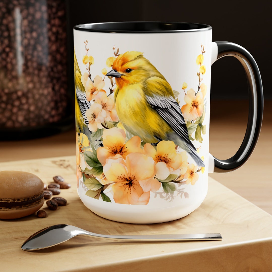 Yellow Bird Floral Mug, Spring Bird Home Decor Kitchen Accessories Gift ...