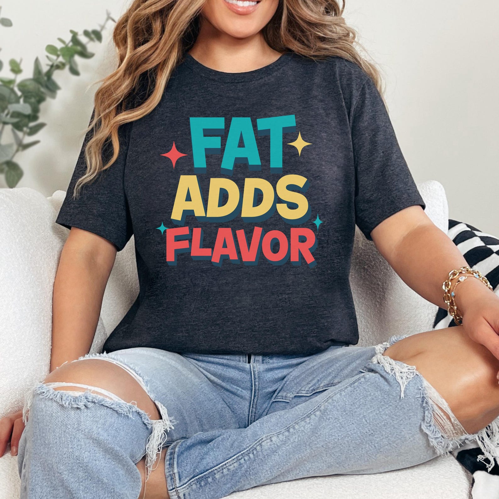 Fat Adds Flavor T-shirt, Funny Curvy Women Pun Phrase Quote Shirt, Cute ...