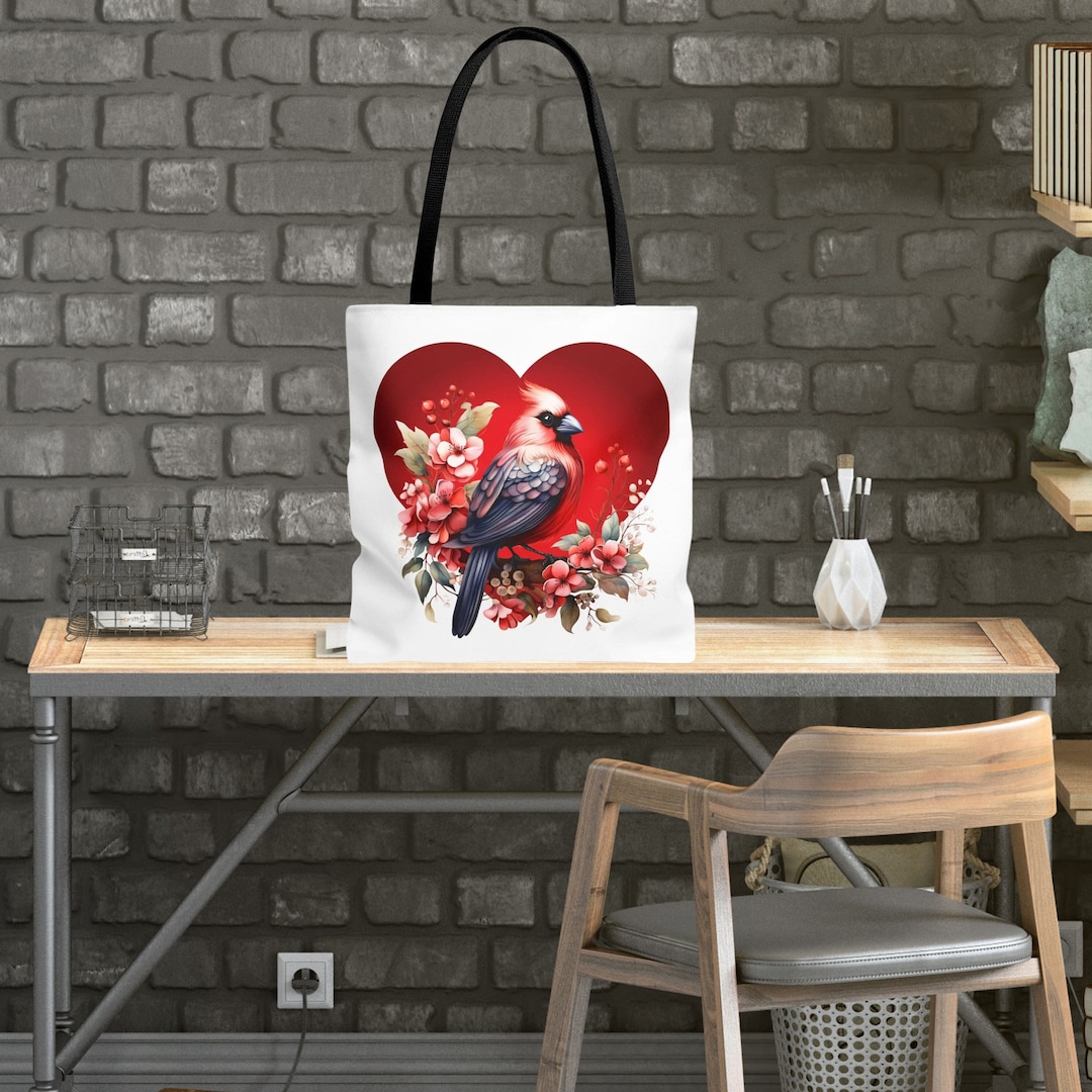 Red Cardinal Bird Large Tote Bag, Floral Heart Bird Book Bag, Love ...