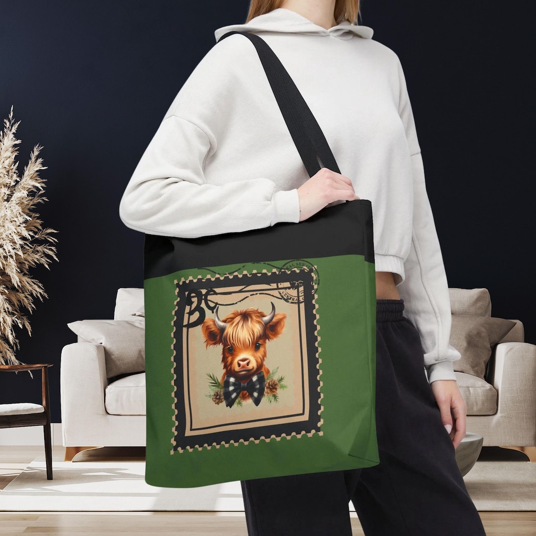 Highland Cow Vintage Postage Stamp Tote Bag | Cute Farmhouse Style ...