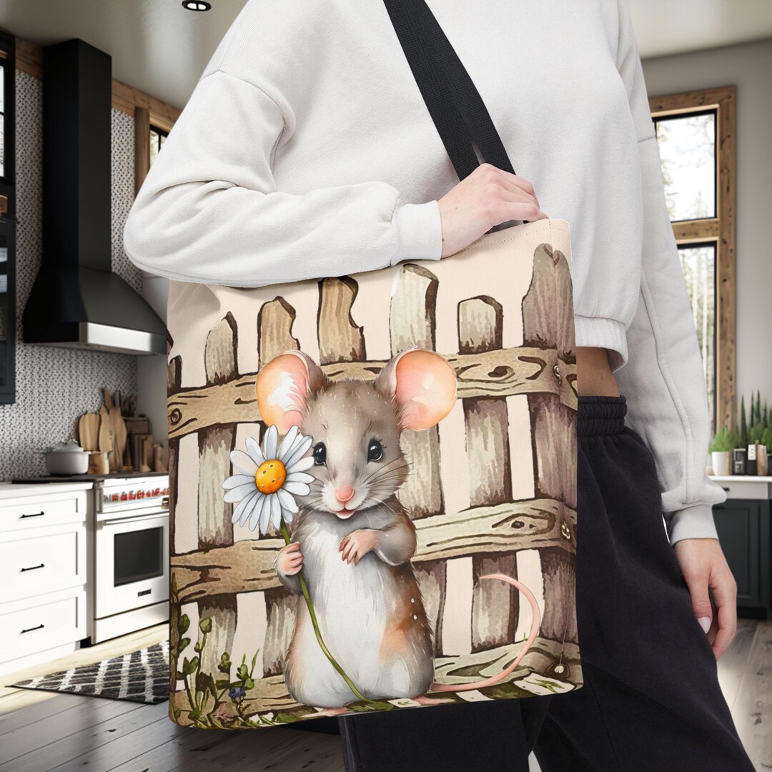 Mouse Daisy Flower Gardener Tote Bag, Cute Rodent Rat Garden Reusable ...
