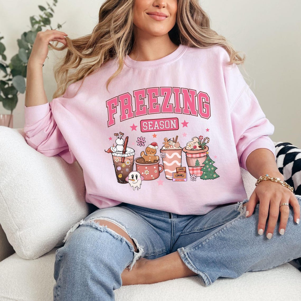 Freezing Season Christmas Coffee Sweatshirt, Funny Pink Cozy Winter ...