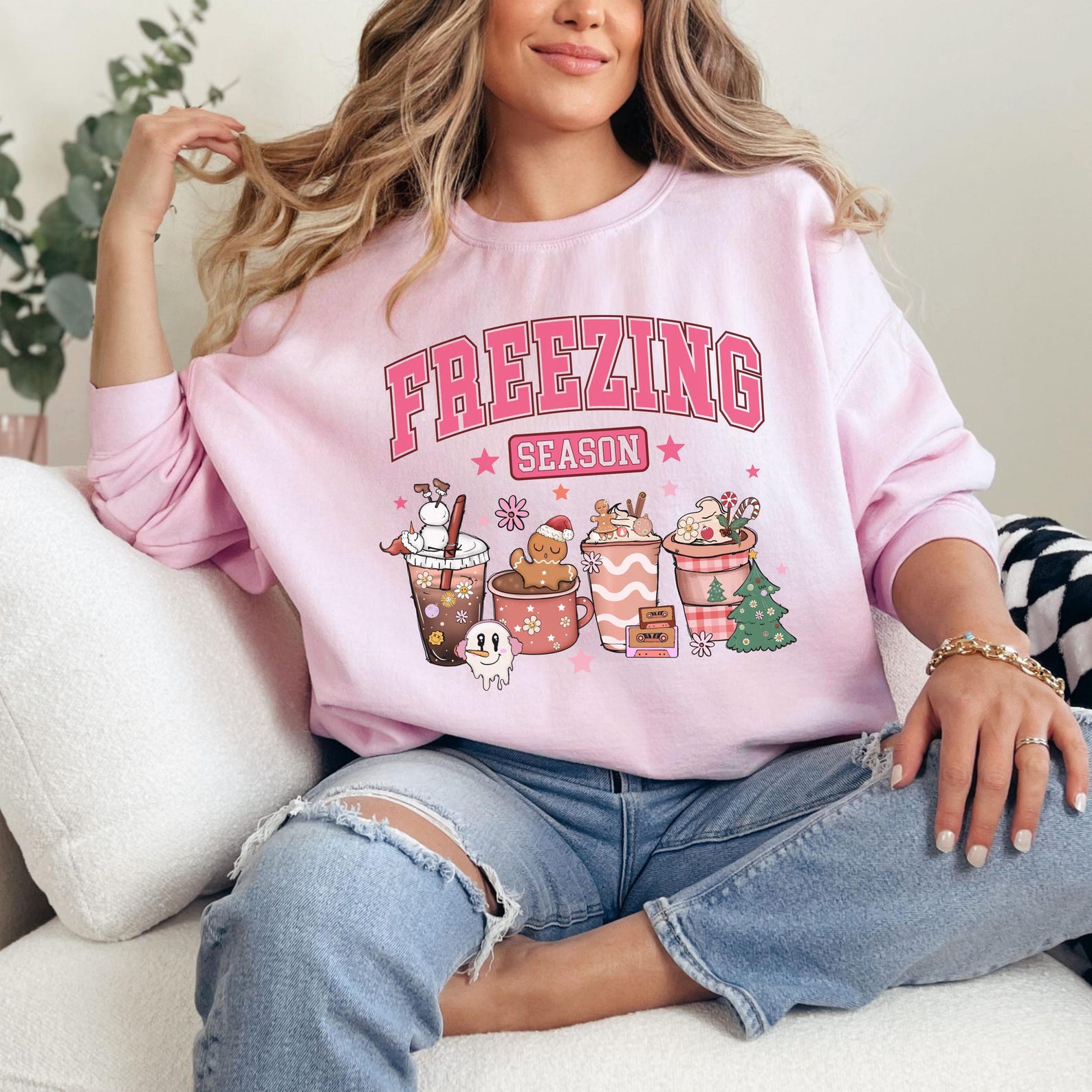 Freezing Season Christmas Coffee Sweatshirt, Funny Pink Cozy Winter ...