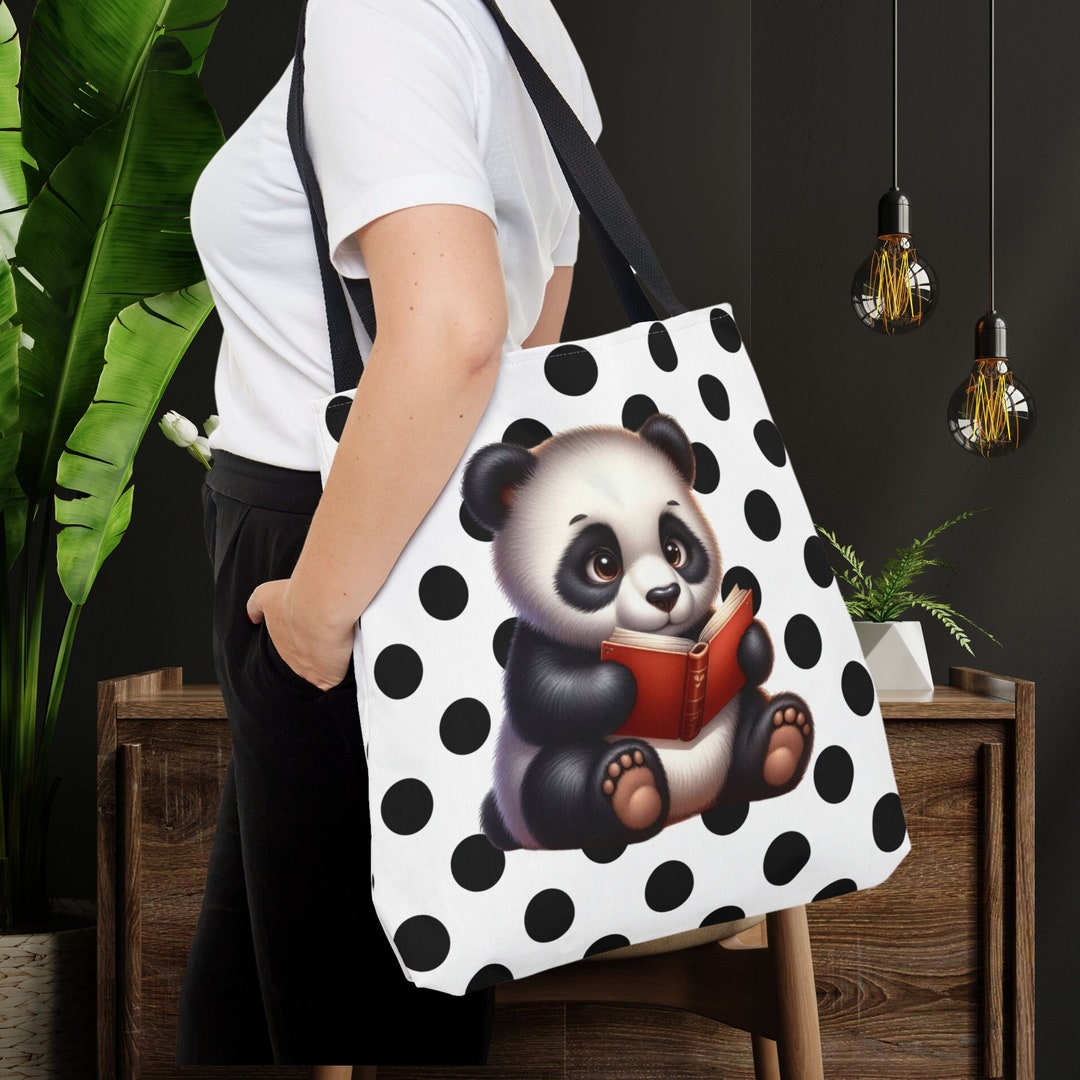 Panda Bear Reading Book Polka Dot Coquette Tote Bag, Cartoon Boy Animal ...