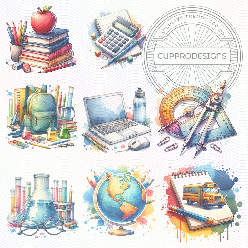 Watercolor Back to School Clipart Bundle: 13 PNG Graphics (digital ...