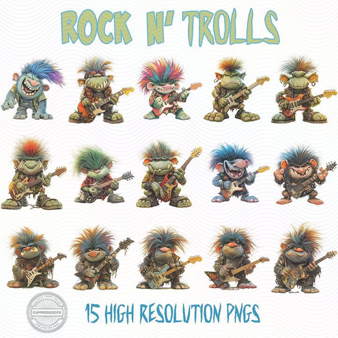 Rock N' Trolls Clipart Set PNG, Funny Troll Guitar Player Sublimation ...