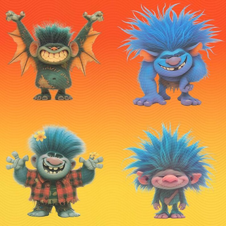 Cute Trolls Clipart PNG Bundle, 12 Funny Cartoon Troll Characters for ...