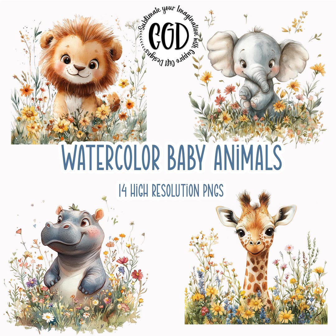 Baby Animal Watercolor Clipart Bundle Set, Baby Animal Transparent PNG ...