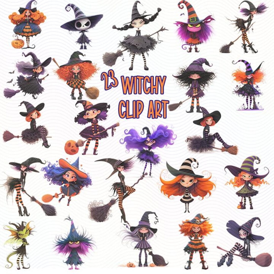 Cute Witch Clip Art Set, Halloween Witchy PNG Graphics, Whimsical Witch ...